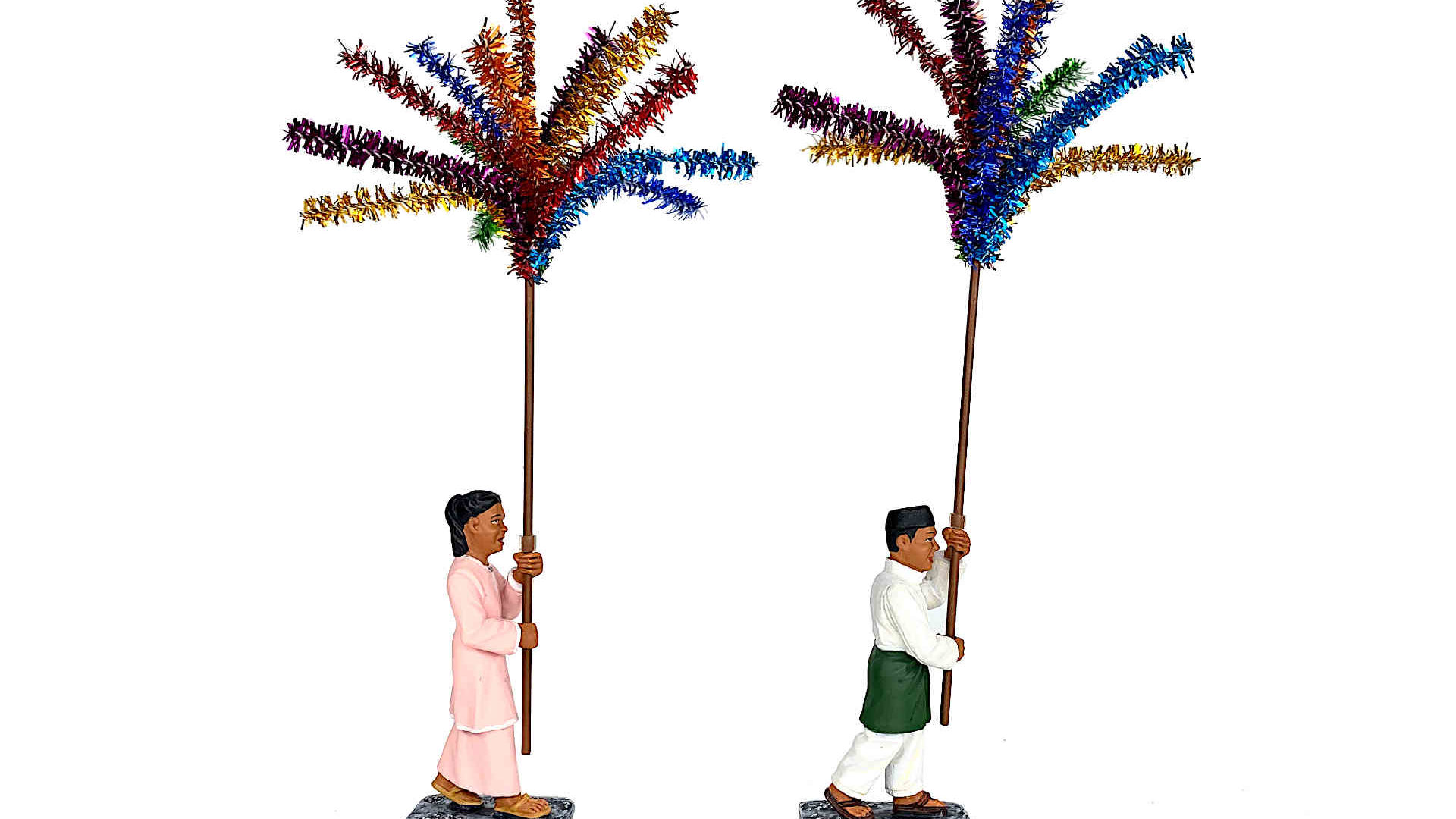 Hand-painted miniature metal figurines of children carrying bunga manggar